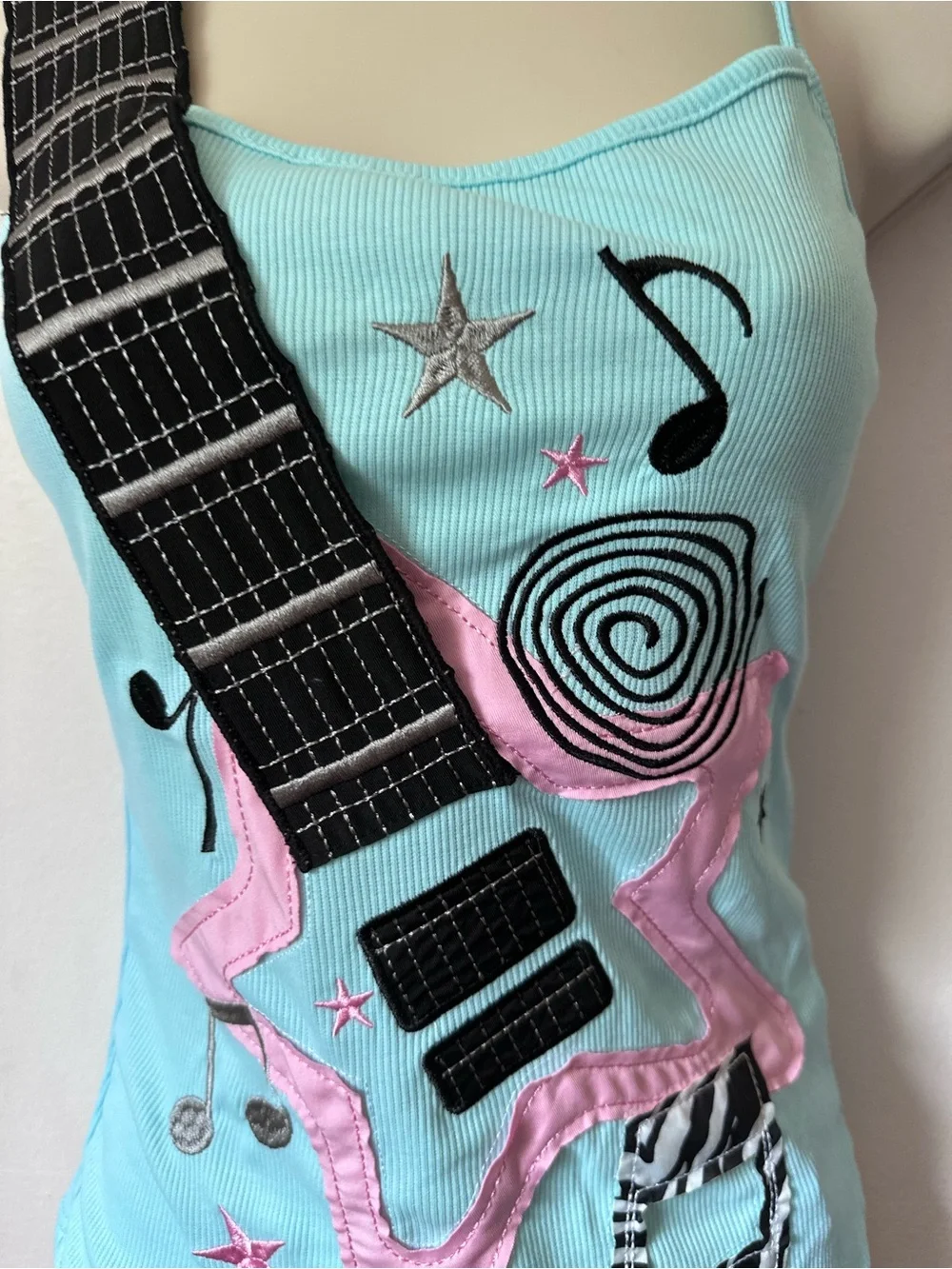 Tops | Light Blue Graphic Guitar Tank Top With Pink Accents | Poshmark